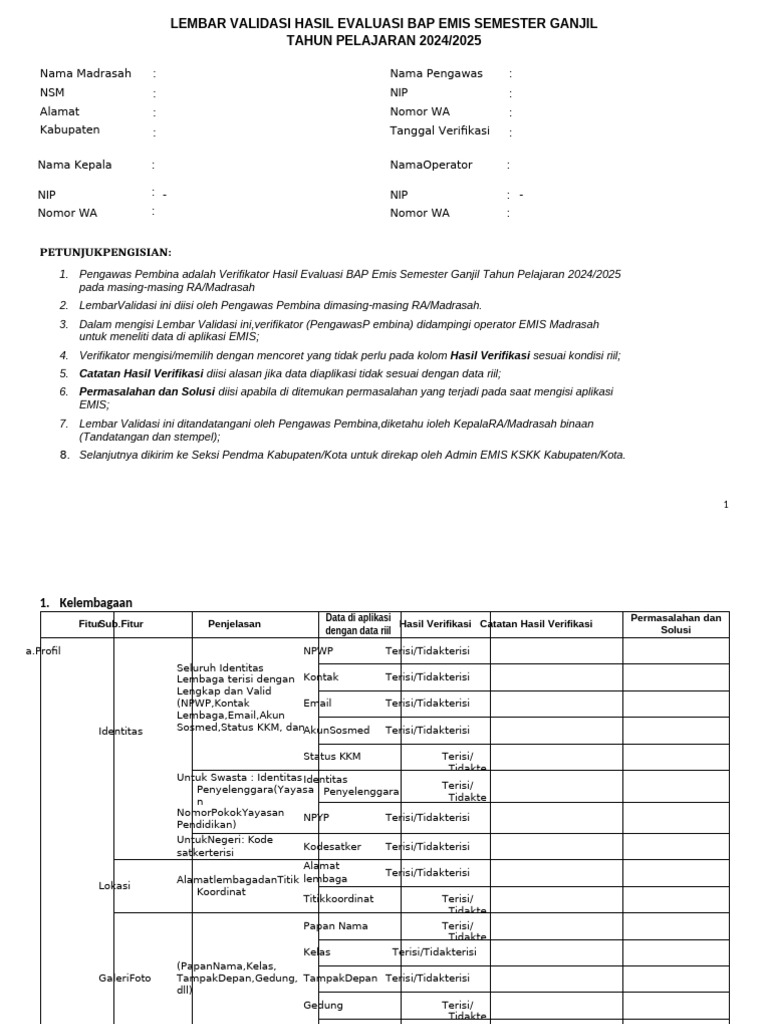 Lembar Validasi Pengawas BAP Emis 2025 | PDF