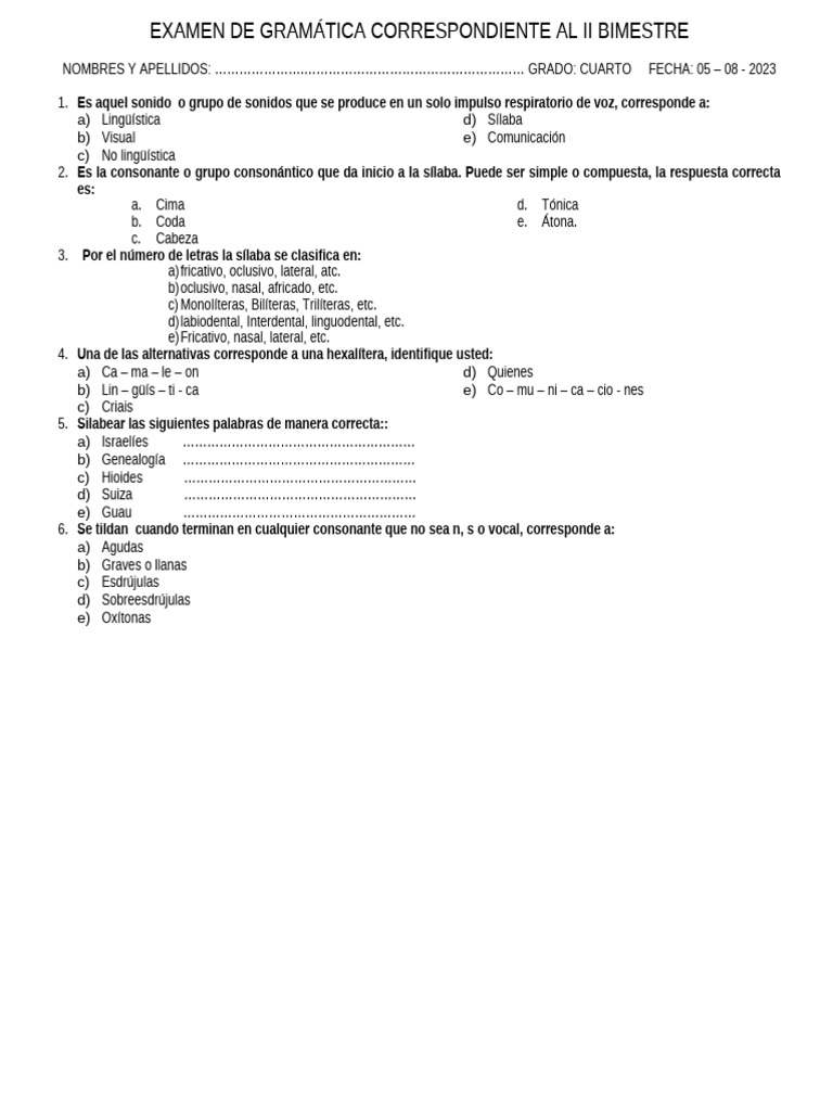Examen de Gramática Correspondiente Al II Bimestre | PDF | Lingüística ...