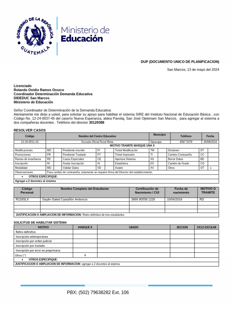 Dup (Documento Unico de Planificacion) : PBX: (502) 79638282 Ext. 106 | PDF