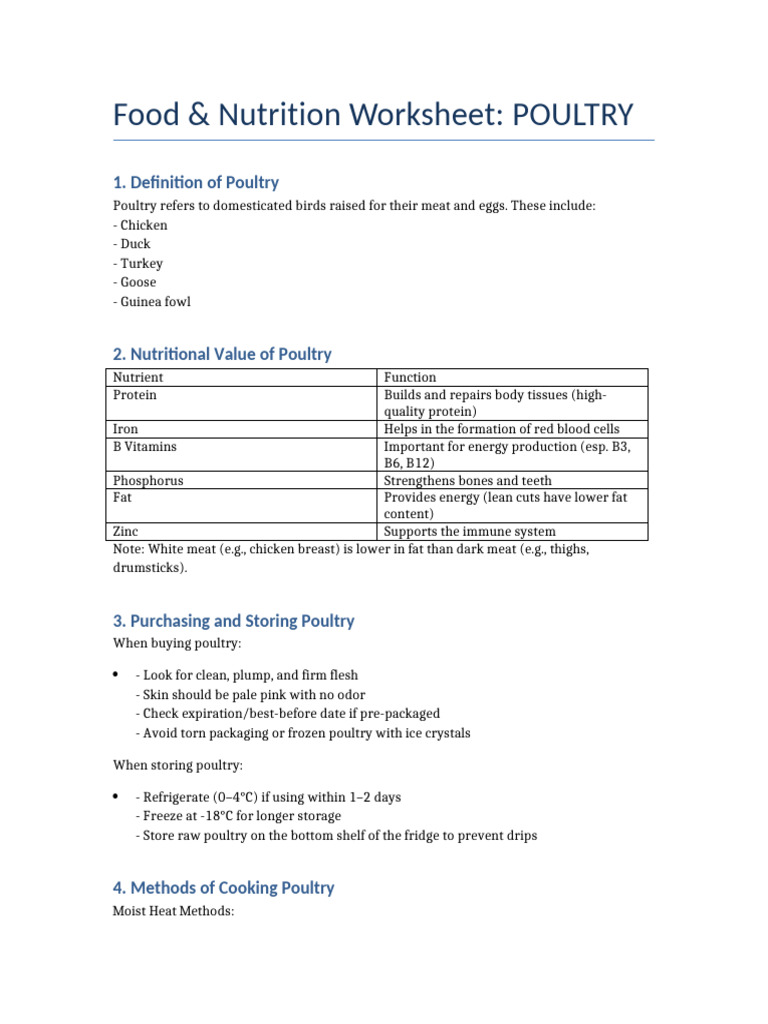 Food and Nutrition Poultry Worksheet | PDF