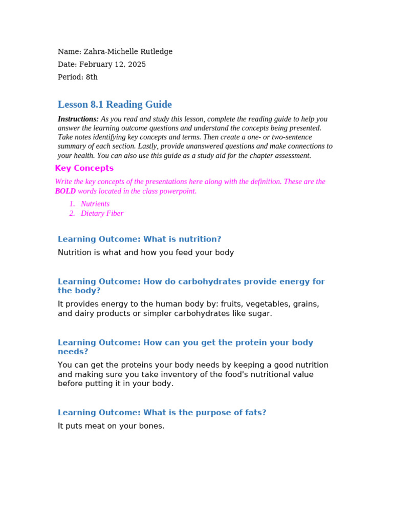 Zahra-Michelle Rutledge - Chapter 8.1 Reading Guide | PDF