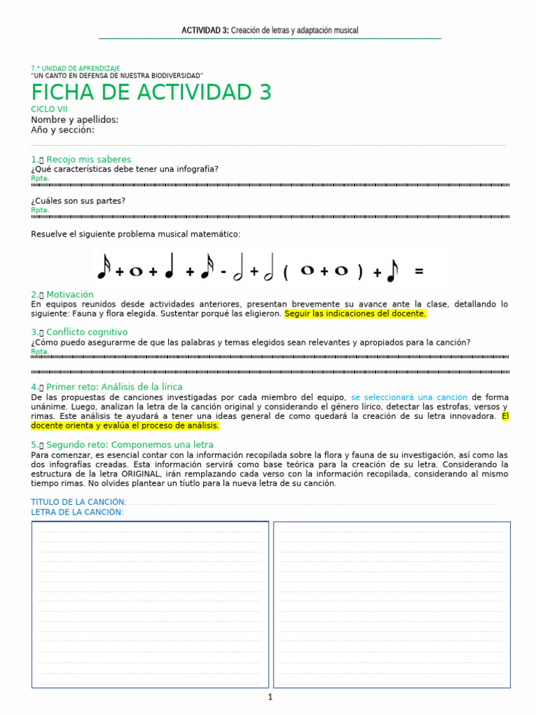 Cvii Uda7 Act3 Ficha de Actividad 3 | PDF | Canciones | Cognición