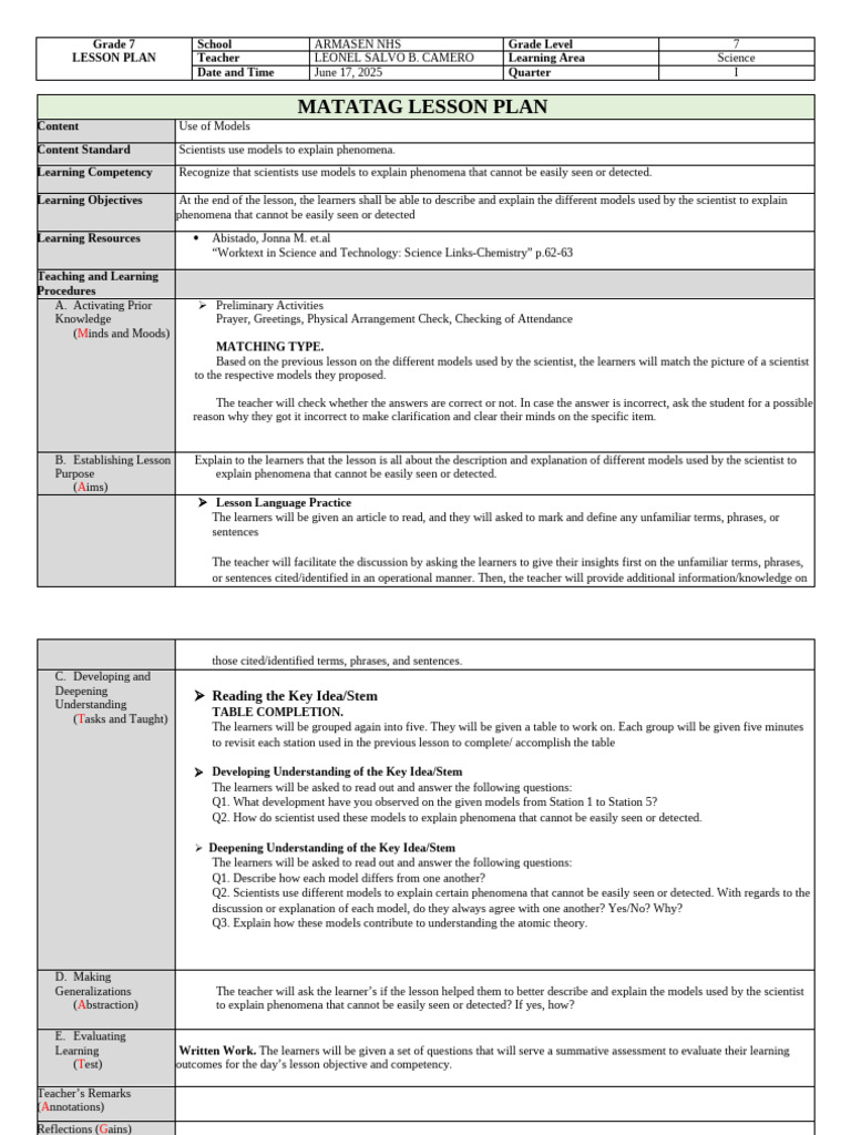 W1 D2 Lesson Plan Science 7 Matatag | PDF | Lesson Plan | Learning