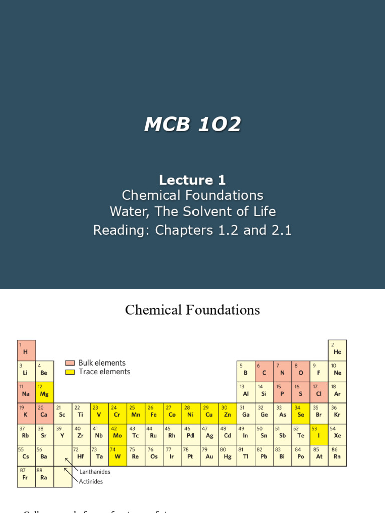 MCB 102 Yildiz Lecture 1 | PDF | Osmosis | Chemical Bond