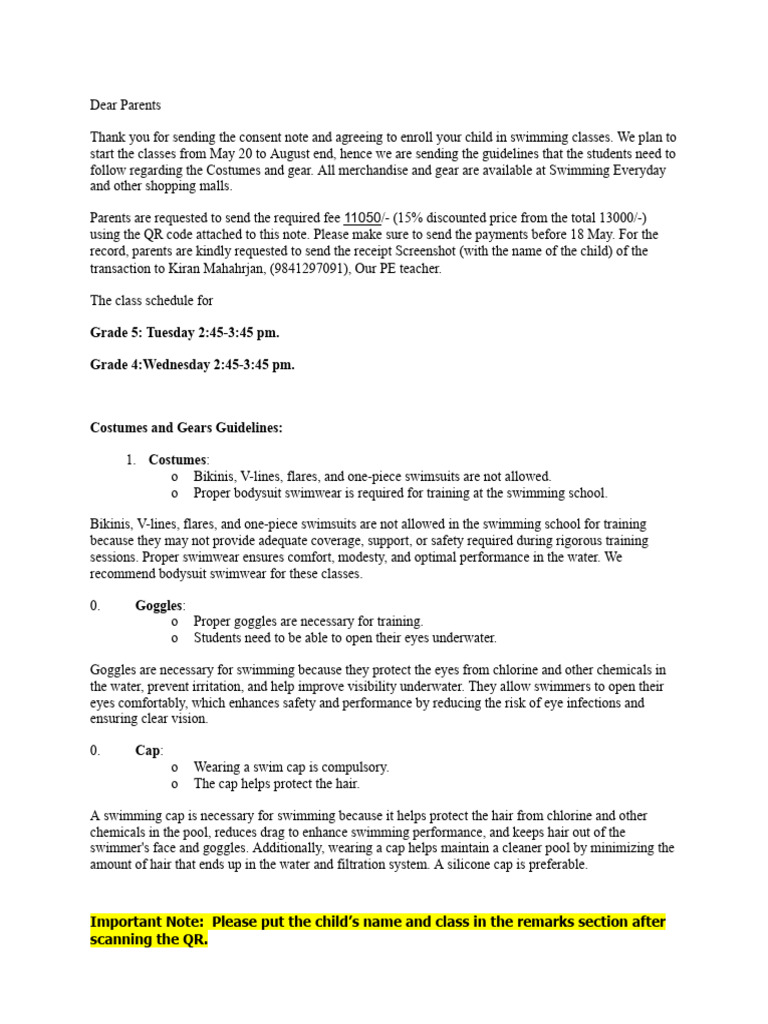 Swimming Class Enrollment Guidelines | PDF | Swimsuit | Swimming