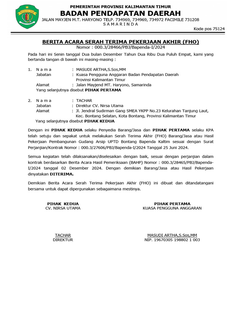 Berita Acara Serah Terima Pekerjaan Akhir (Fho) : Nomor: 000.3/28466 ...