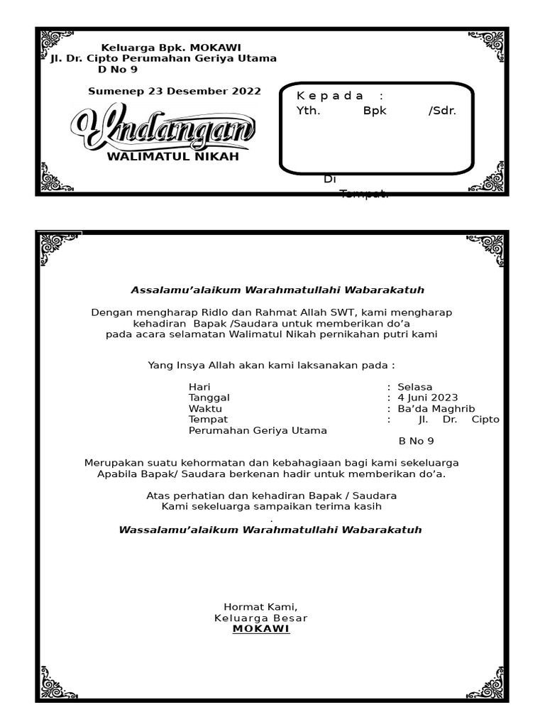 Undangan Selamatan Walimatul Nikah | PDF
