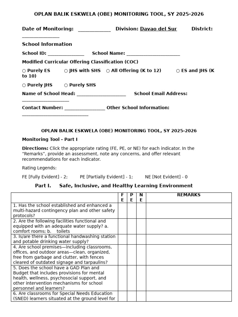 Oplan Balik Eskwela Monitoring Tool | PDF | Teachers | Special Education
