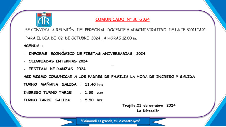 Comunicado #30 Rendicion Cuentas Aniversario, Olimpiadas, Festival Danzas | PDF