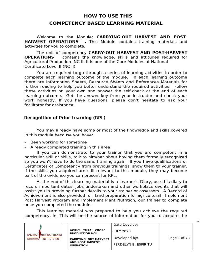 UC4 Core Carrying Out Harvest and Postharvest Operations WORD CBLM ...