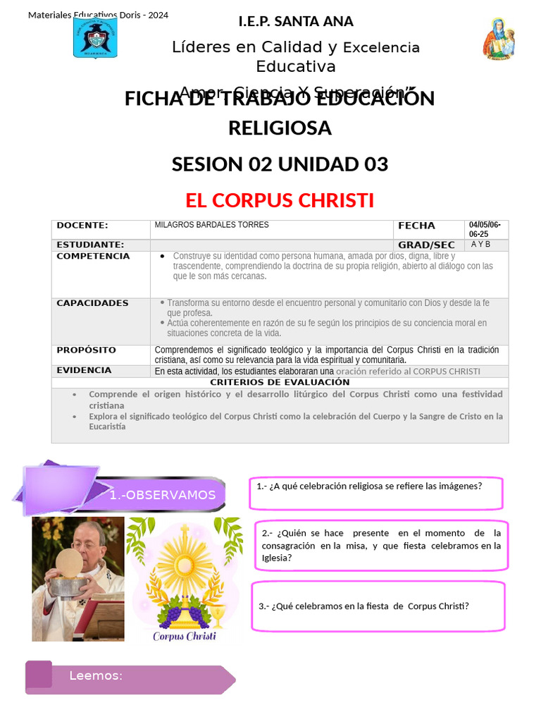 Ficha de Actividad Sem 2 Religion Vii | PDF | eucaristía | Narrativa de ...