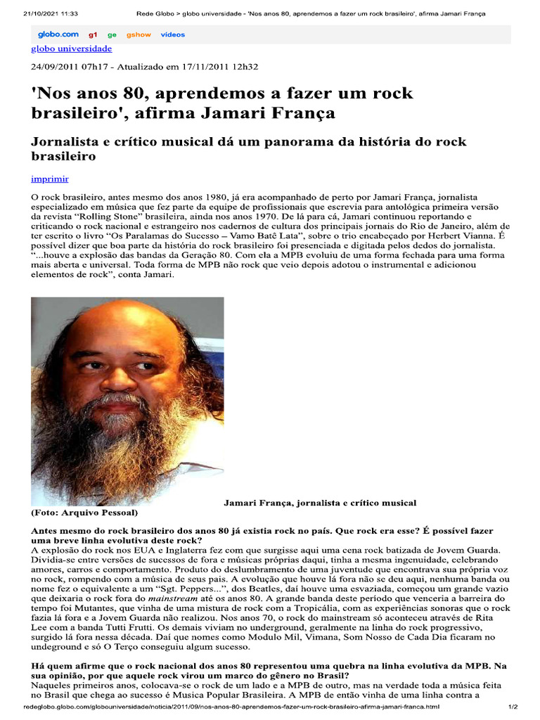 2011 Anos 80 Entrevista Jamari Franca | PDF