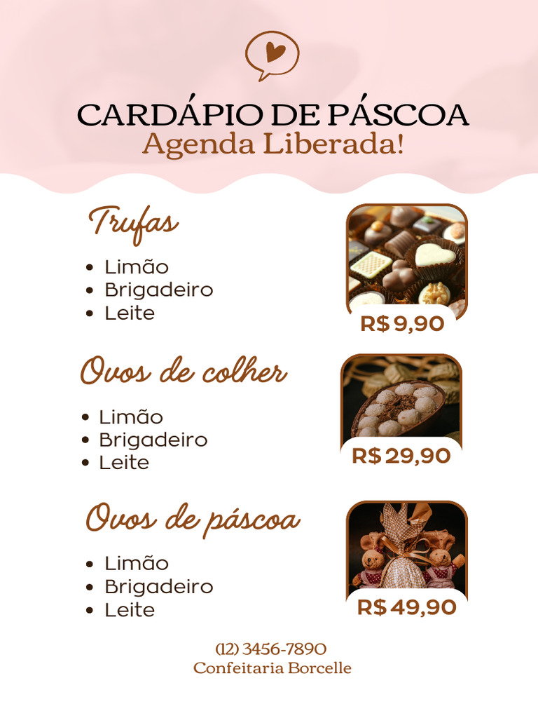 Cardápio de Páscoa da Confeitaria Borcelle | PDF