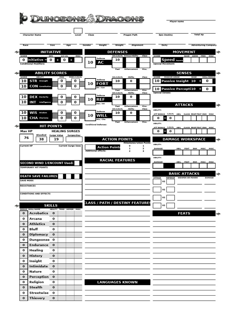 4e Character Sheet Excel | PDF | Gaming | Tabletop Games