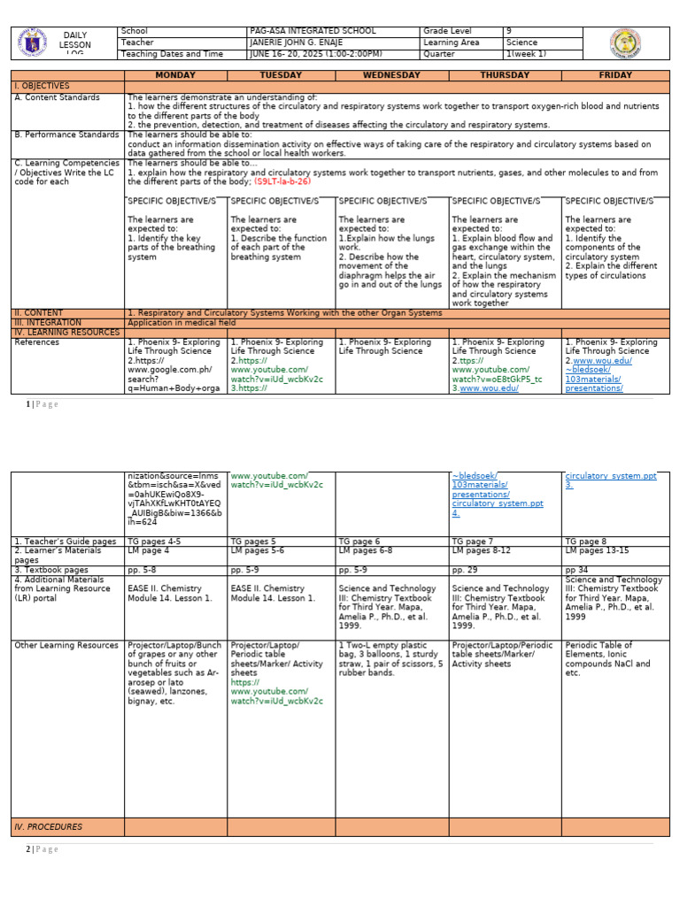 DLL Science Grade9 Quarter1 Week1 Palawan Division | PDF | Circulatory System | Breathing