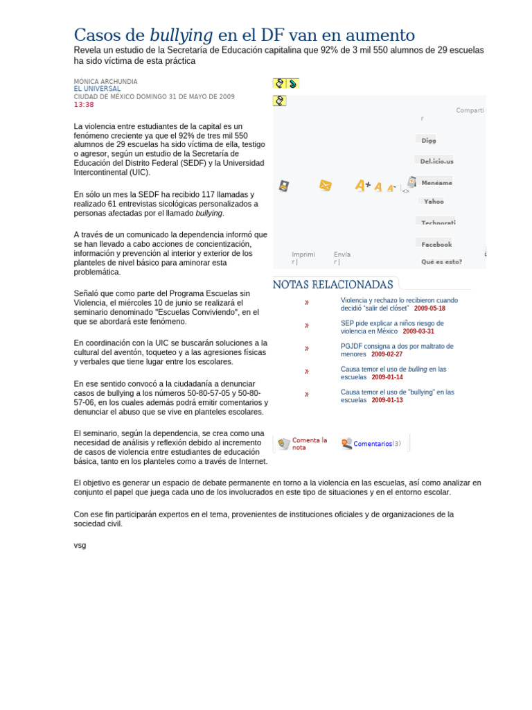 Casos de Bullying en El DF Van en Aumento | PDF | Violencia | Agresión