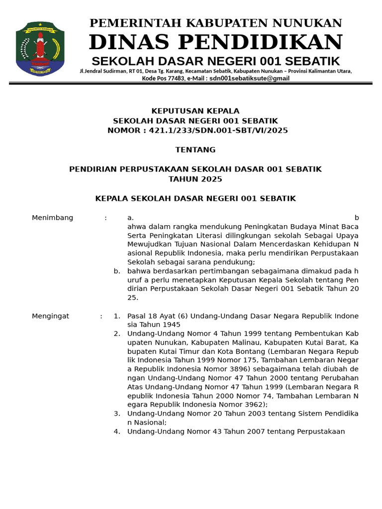 Format SK Pendirian Perpustakaan Sekolah | PDF