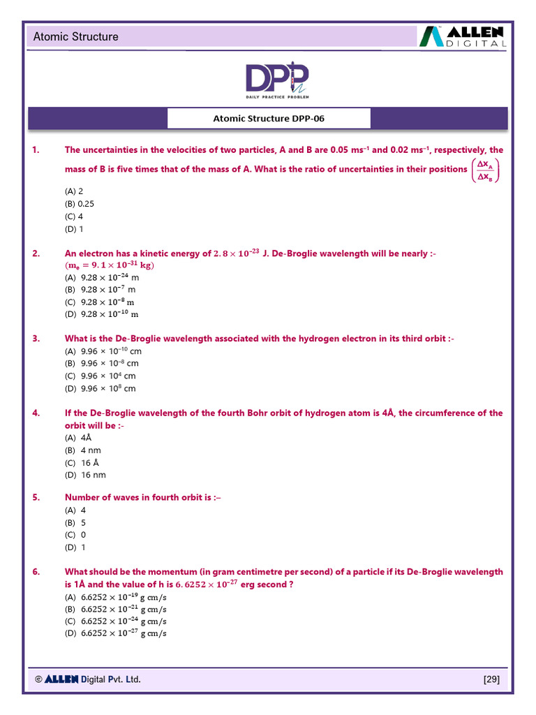 DPP 6 Atomic Structure | PDF | Electron | Atomic Orbital