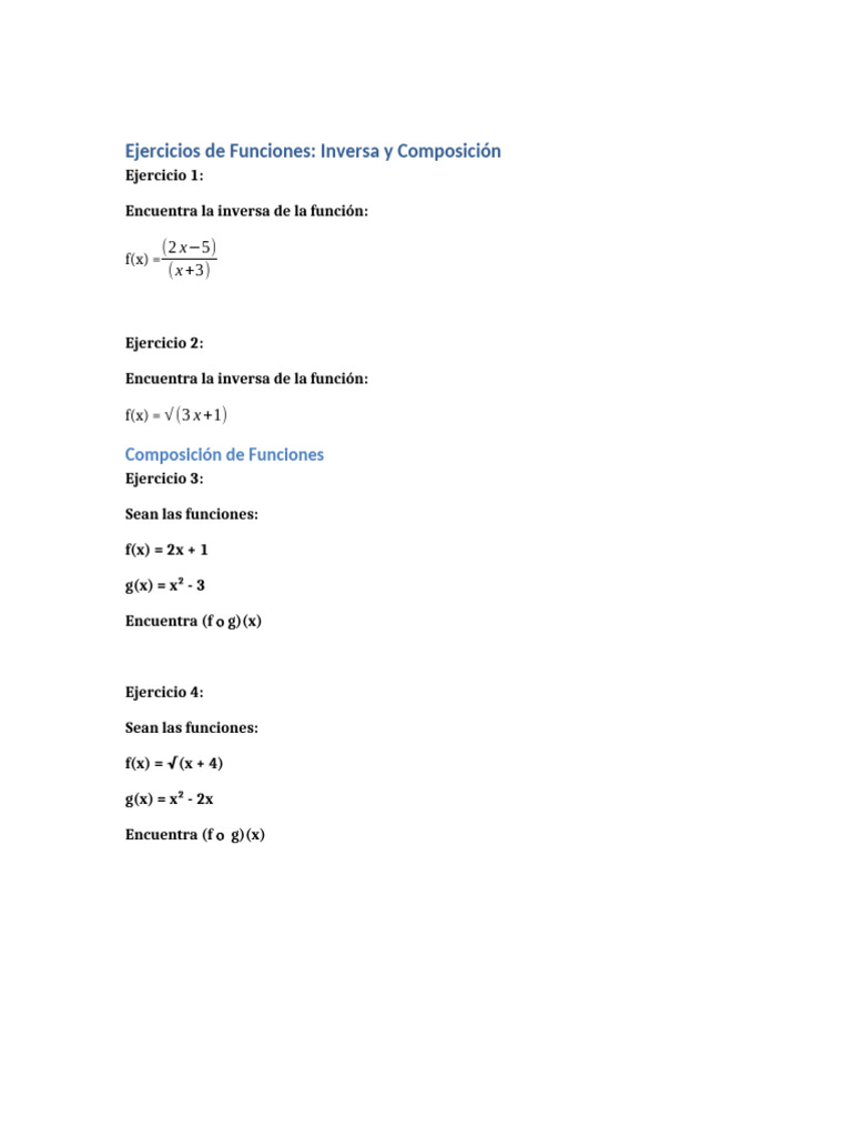 Ejercicios Funciones Inversa Composicion | PDF