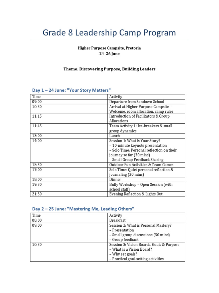 Grade 8 Leadership Camp Program June 2025 | PDF