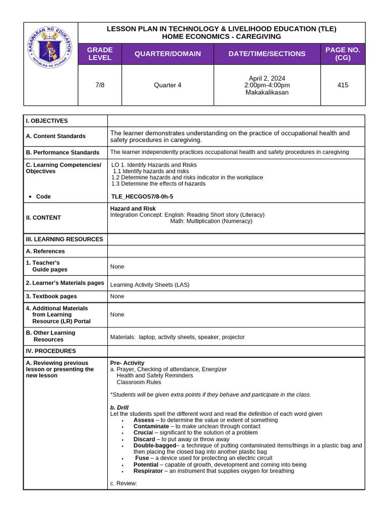 Lesson Plan in Determine Hazards and Risks Indicator in The Workplace ...