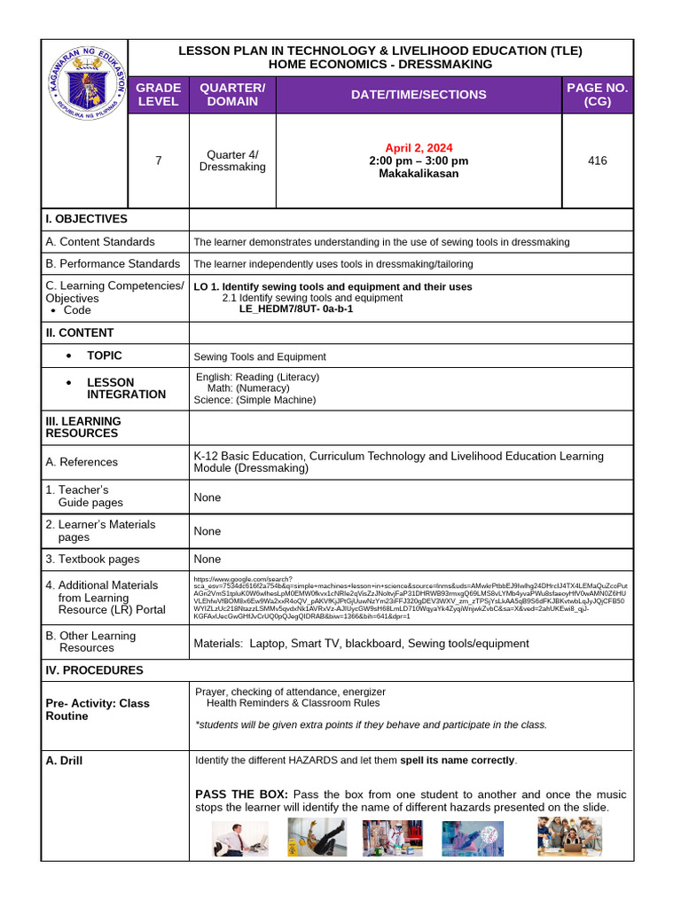 Dressmaking Lesson Plan for Grade 7 | PDF | Scissors | Sewing