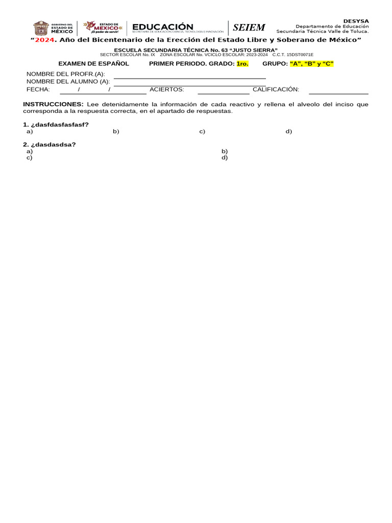 Formato Examen 2° Trimestre | PDF