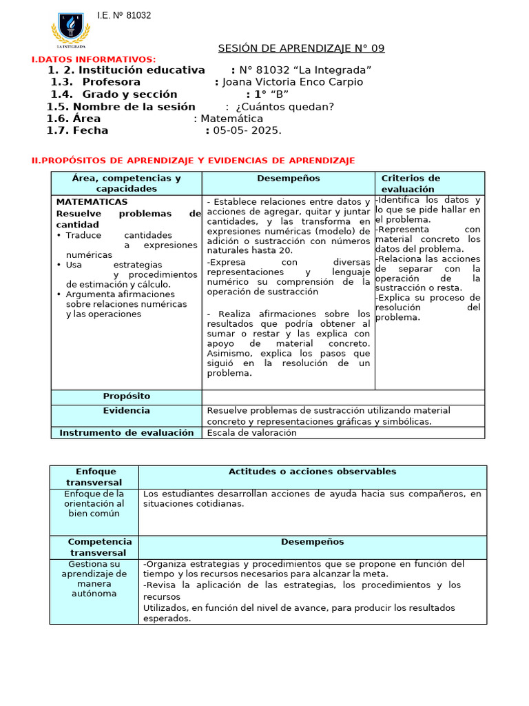 Sesión de Aprendizaje #09 | PDF | Aprendizaje | Sustracción