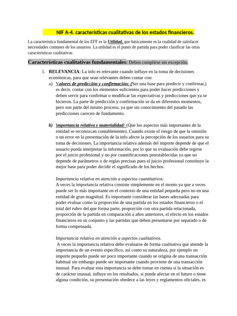 NIF A4 - Características Cualitativas de Los Estados Financieros | PDF | Estado financiero ...