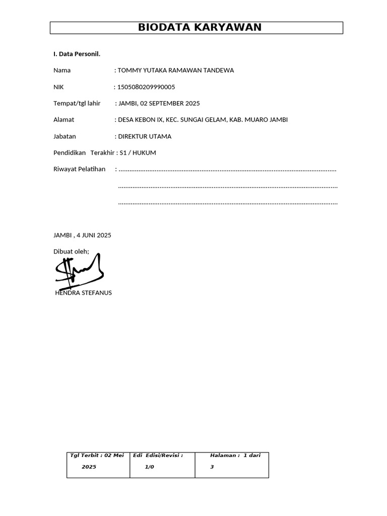 Format Biodata Karyawan PT Tirta Yutakan Perkasa-11 | PDF