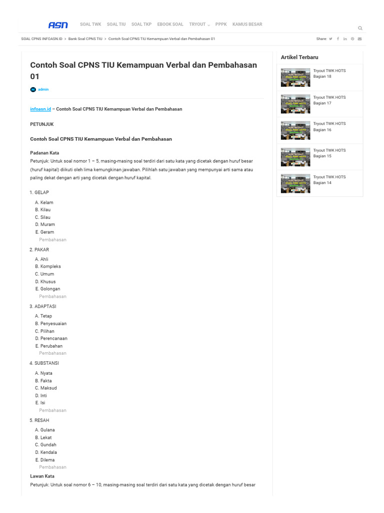 Contoh Soal CPNS TIU Kemampuan Verbal Dan Pembahasan 01 - SOAL CPNS INFOASN - Id | PDF