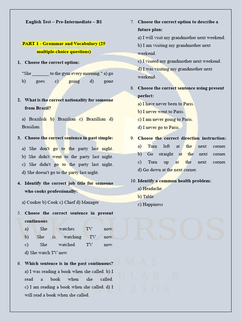 English Test - Pre Intermediate | PDF