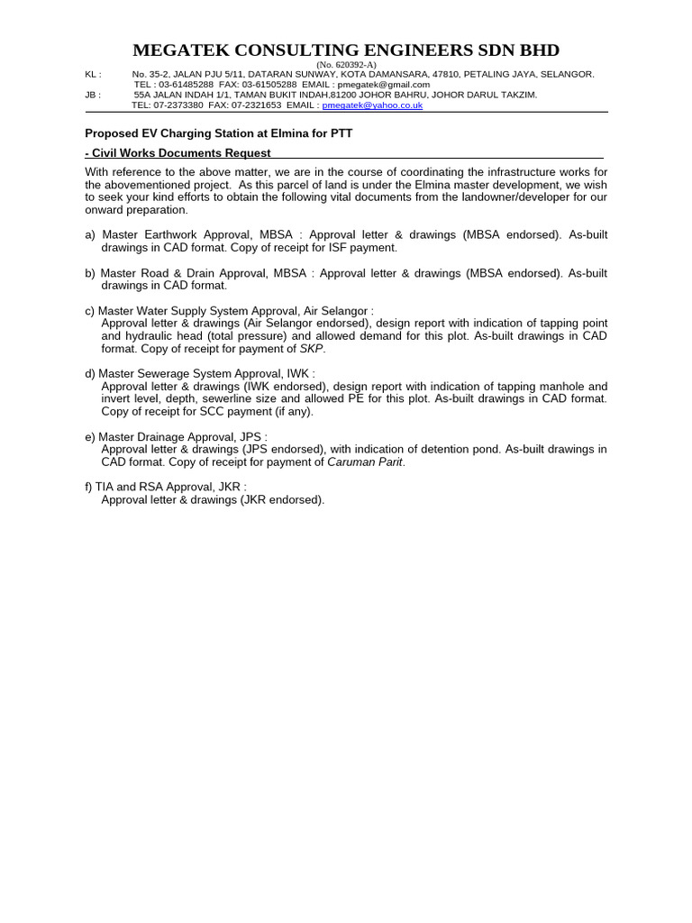 PTT EV Station - Civil Works Document Request Checklist | PDF