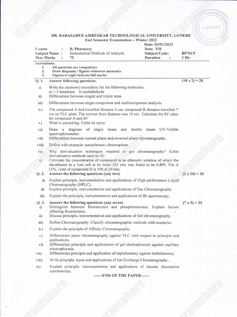Instrumental Methods of Analysis ALL PYQ (Pran Tehare) | PDF | Chromatography | High Performance ...