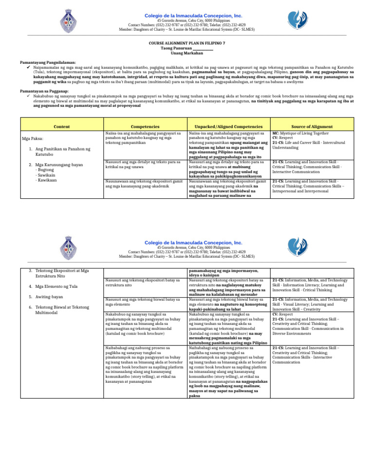 Course Alignment Plan in Filipino 7 | PDF