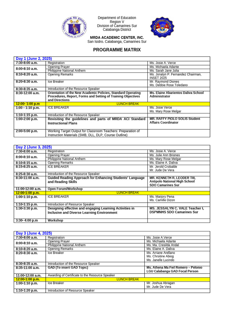 Inset Matrix 2025 2026 Final | PDF | Pedagogy | Communication