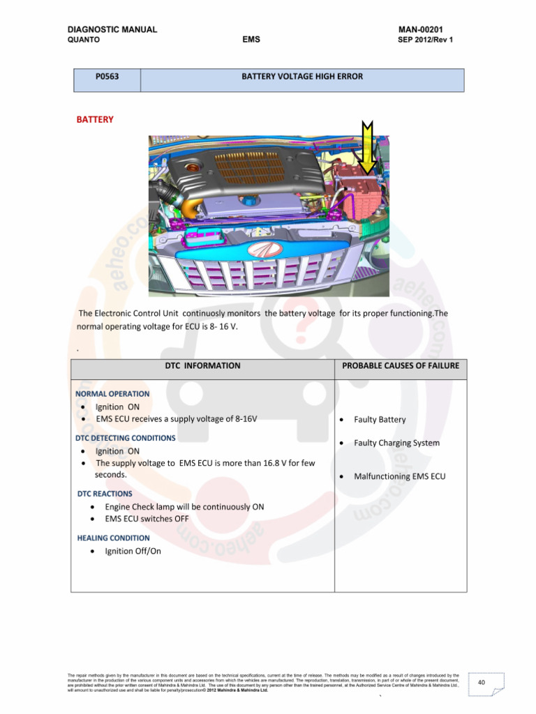 Mahindra Quanto Fault Code P0563 BATTERY VOLTAGE HIGH ERROR Page 1 | PDF