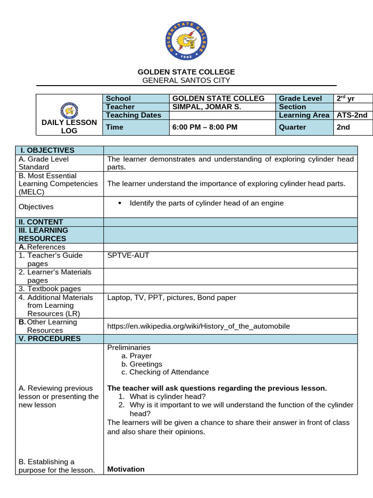 Cylinder Head Parts Lesson Plan | PDF | Internal Combustion Engine ...