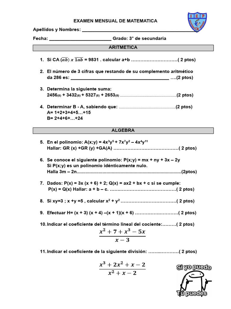Examen 3 de Matematica de 3 Ero Mes de Marzo | PDF