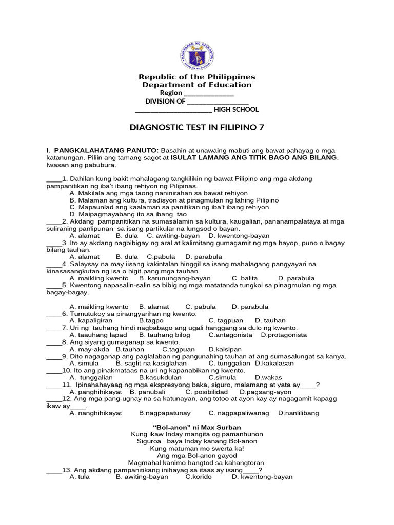Diagnostic Test - Filipino 7 | PDF