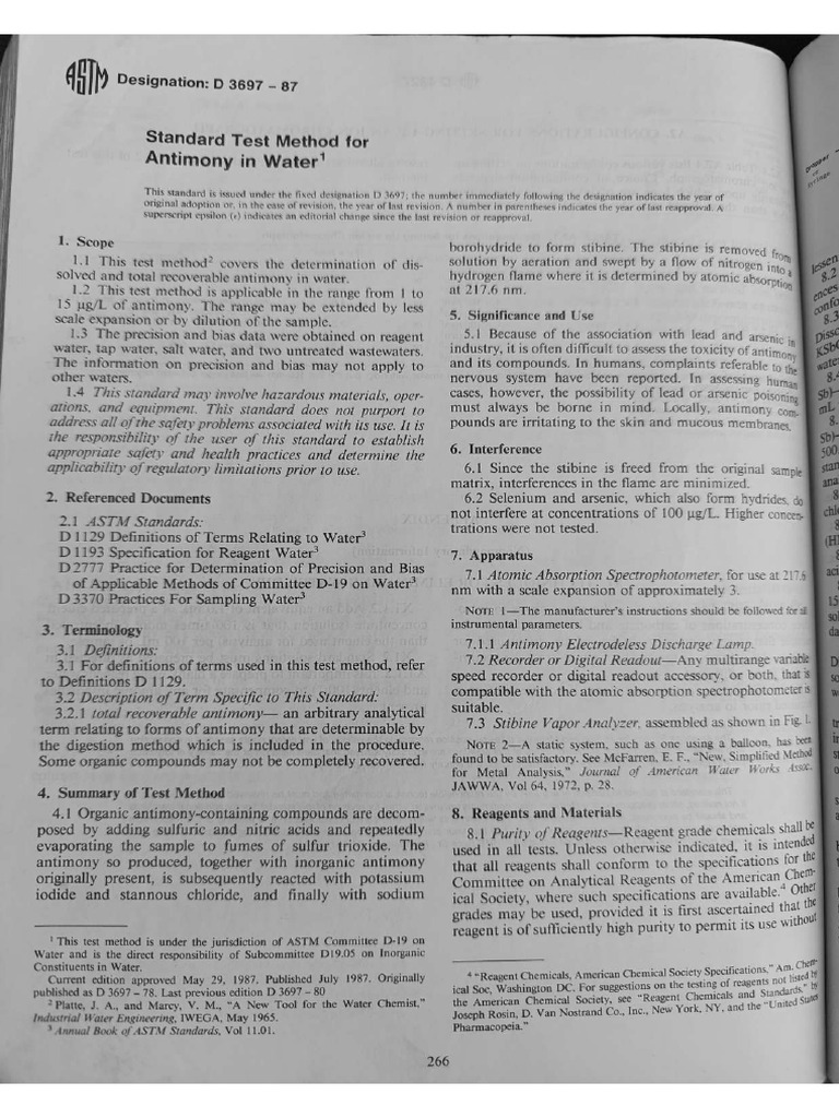 ASTM 3697 - 87 Standard Test Method For Antimony in Water - Organized | PDF