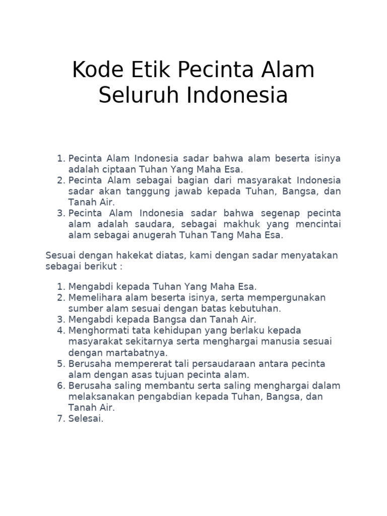 Kode Etik Pecinta Alam Seluruh Indonesia | PDF