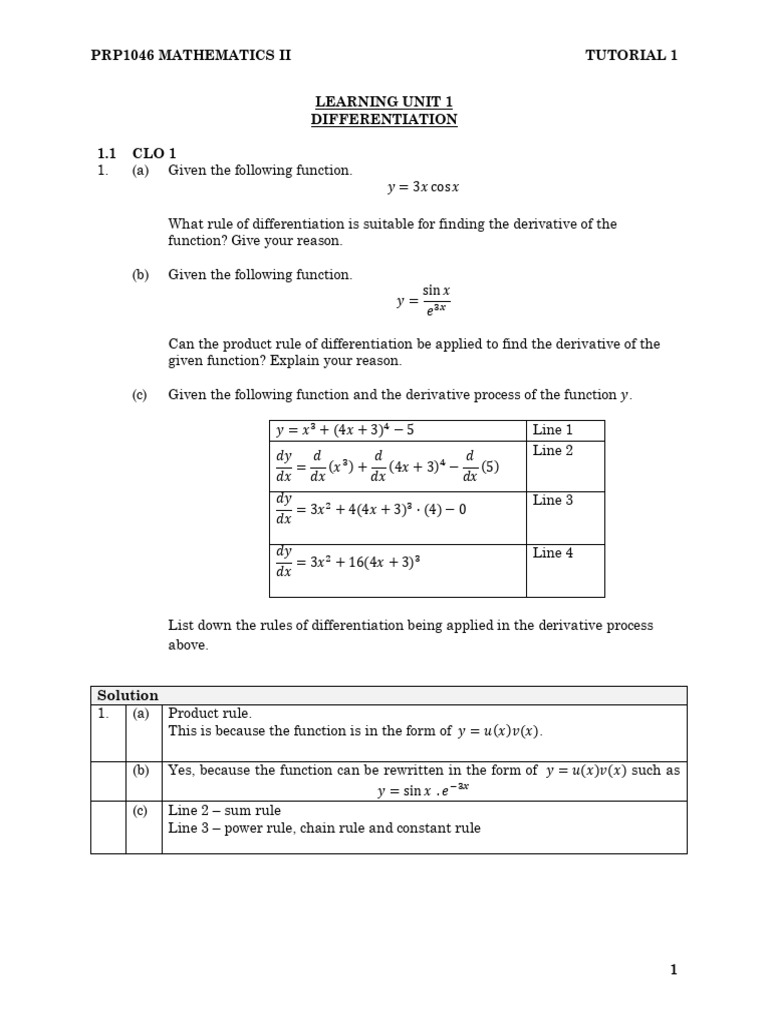 Tutorial 1 2024.2025 Answer v1 | PDF | Derivative | Function (Mathematics)