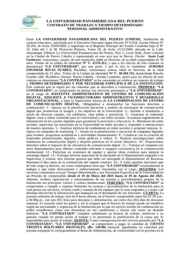 1er Contrato Aurora Rivas (Asistente Centro de Comunicacion Digital) | PDF