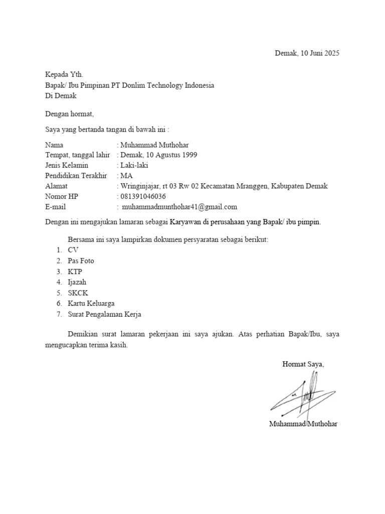 Surat Lamaran Muhammad Muthohar | PDF