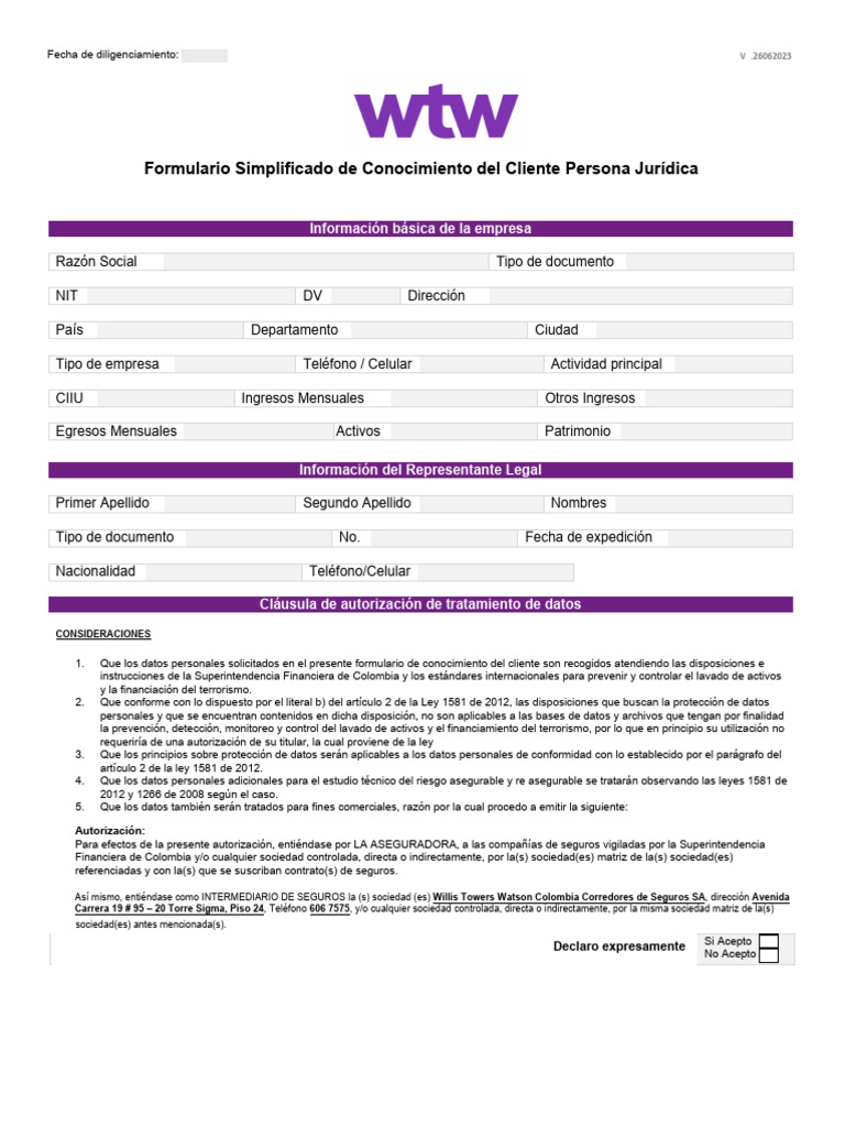 Formulario de Conocimiento Del Cliente Persona Juridica Simple | PDF | Seguro | Póliza de seguros