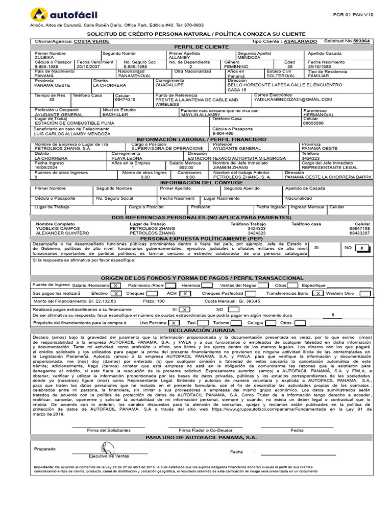 Solicitud Zuleika Allamby.. - Firmado | PDF | Panamá | Crédito