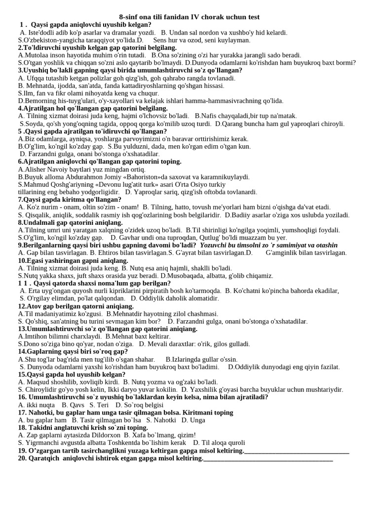 8 Sinf Ona Tili 4 Chorak Test | PDF