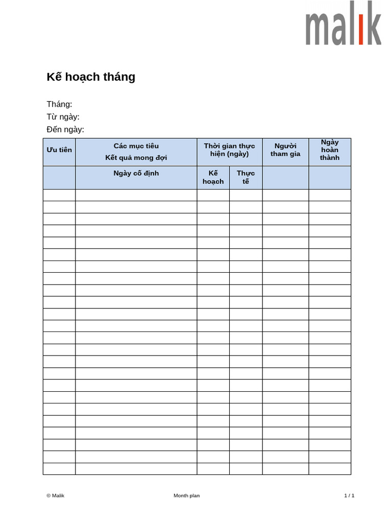 Malik M03 Kế Hoạch Tháng | PDF
