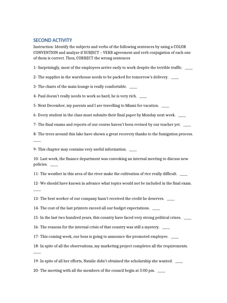 Subject-Verb Agreement Analysis Exercise | PDF